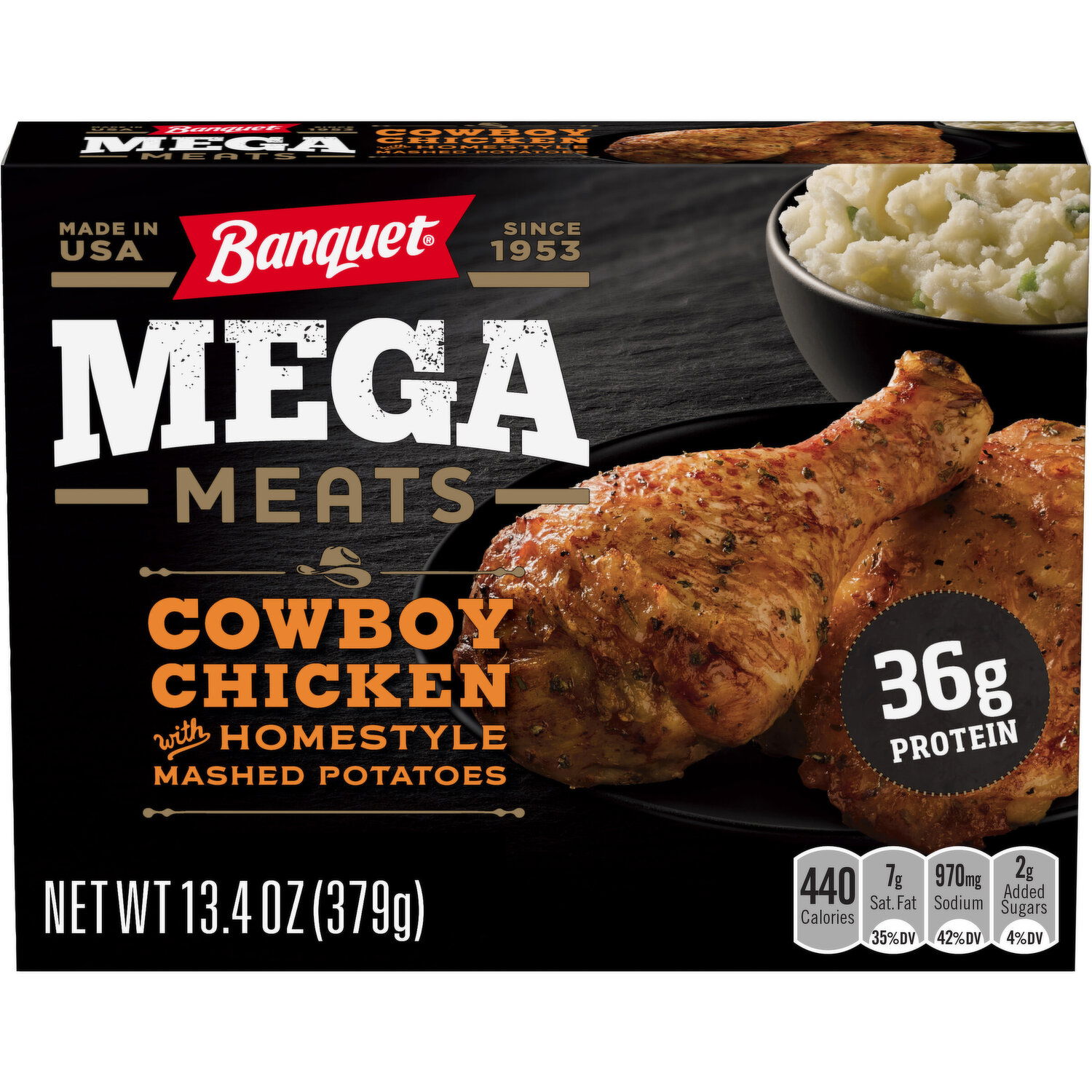 Banquet Mega Meats Frozen Meal, Cowboy Chicken with Banquet Mega Meats Frozen Meal, Cowboy Chicken with
